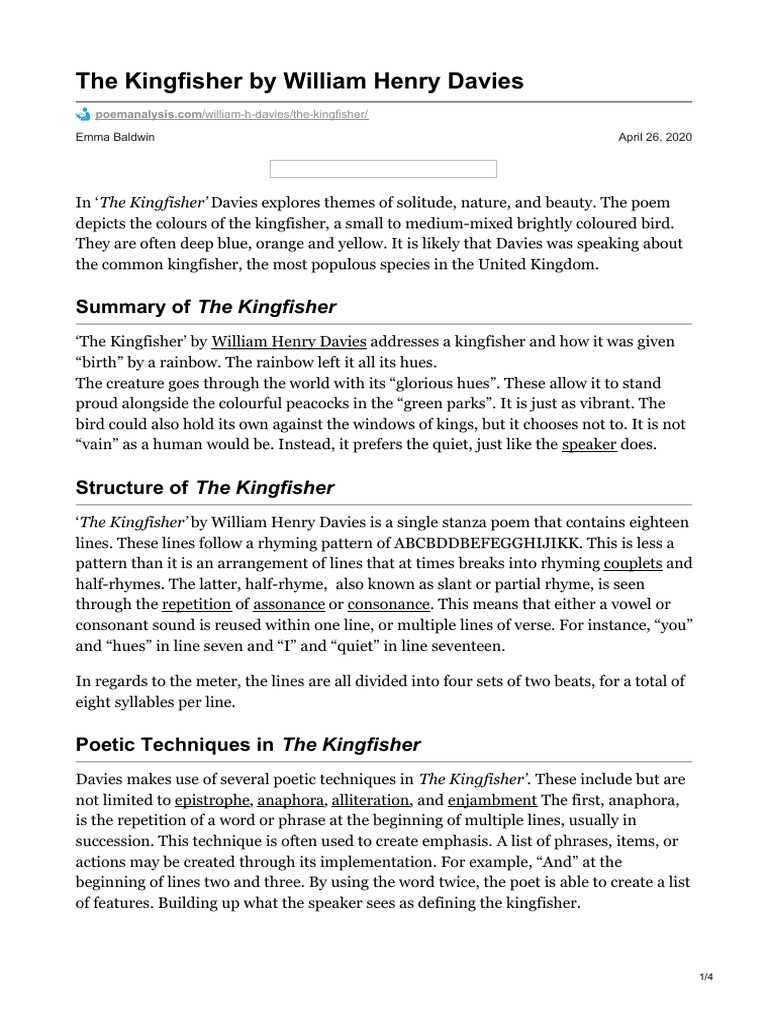 Summary of "The Kingfisher" Poem | PDF | Rhyme | Poetic Devices