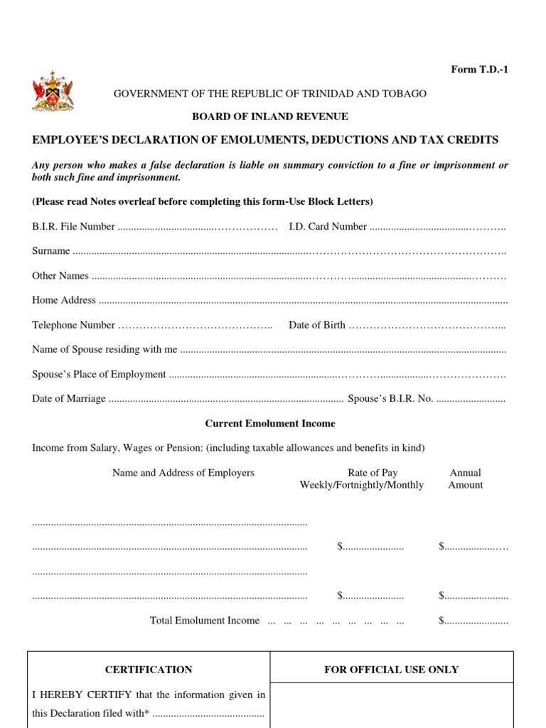 TD1 Form Submission Guide Trinidad | PDF | Pension | Tax Deduction