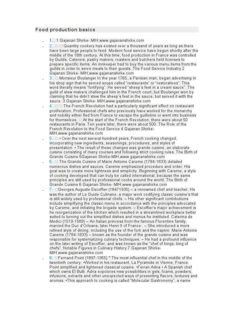 Food Production Basics | PDF | Chef | Food And Drink