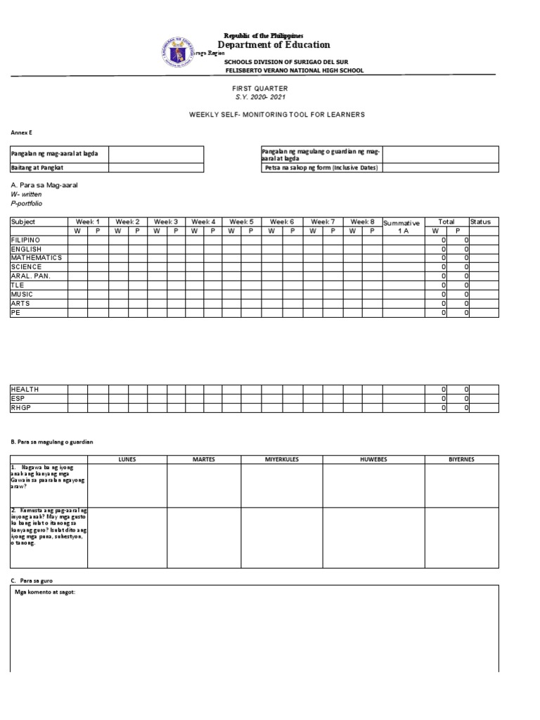 Weekly Self Monitoring Tool For Learners | PDF