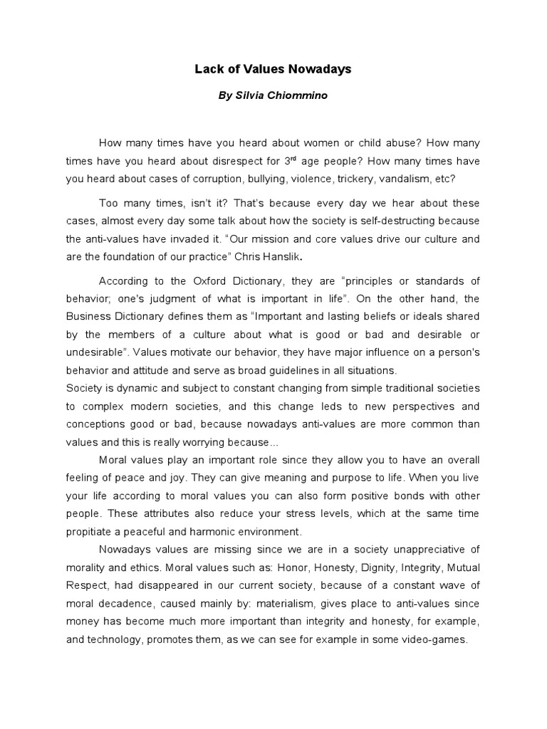 Article. Lack of Values | PDF | Value (Ethics) | Integrity