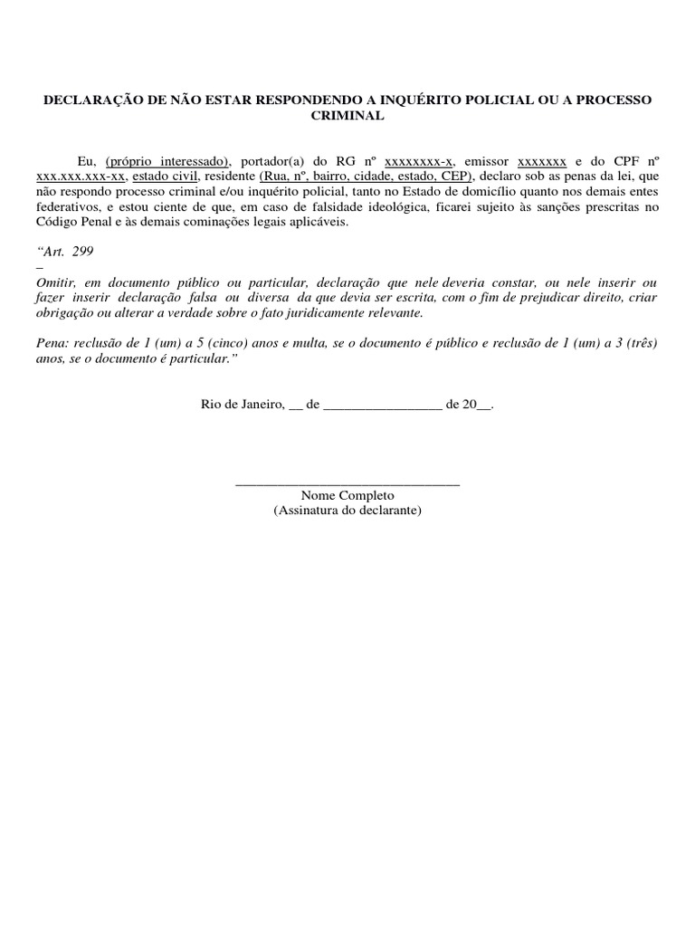Declaração de Não Estar Respondendo À Inquérito Policial Ou A Processo ...