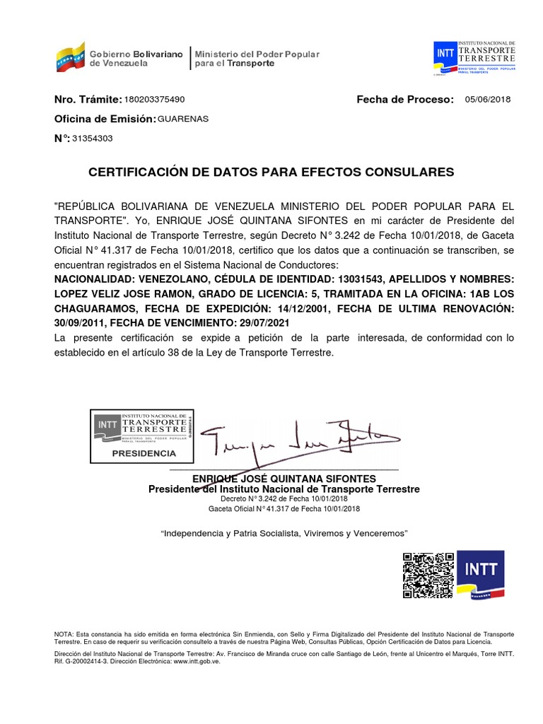 Certificación de Datos para Licencia Venezolana | PDF