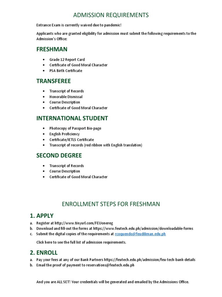Freshman: Admission Requirements | PDF | University And College ...