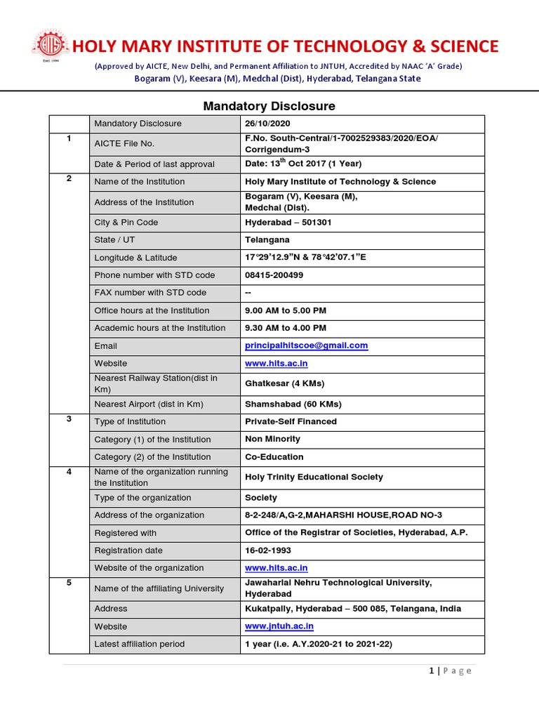 AICTE Mandatory Disclosure | Download Free PDF | Postgraduate Education ...