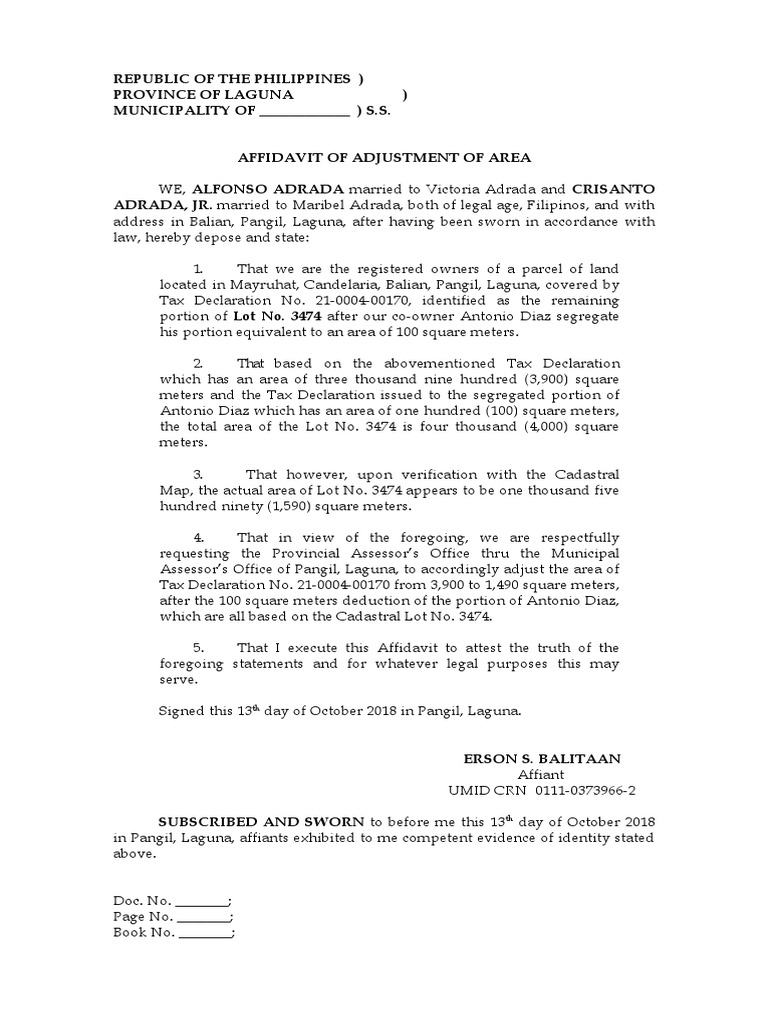 Affidavit for Land Area Adjustment | PDF | Law