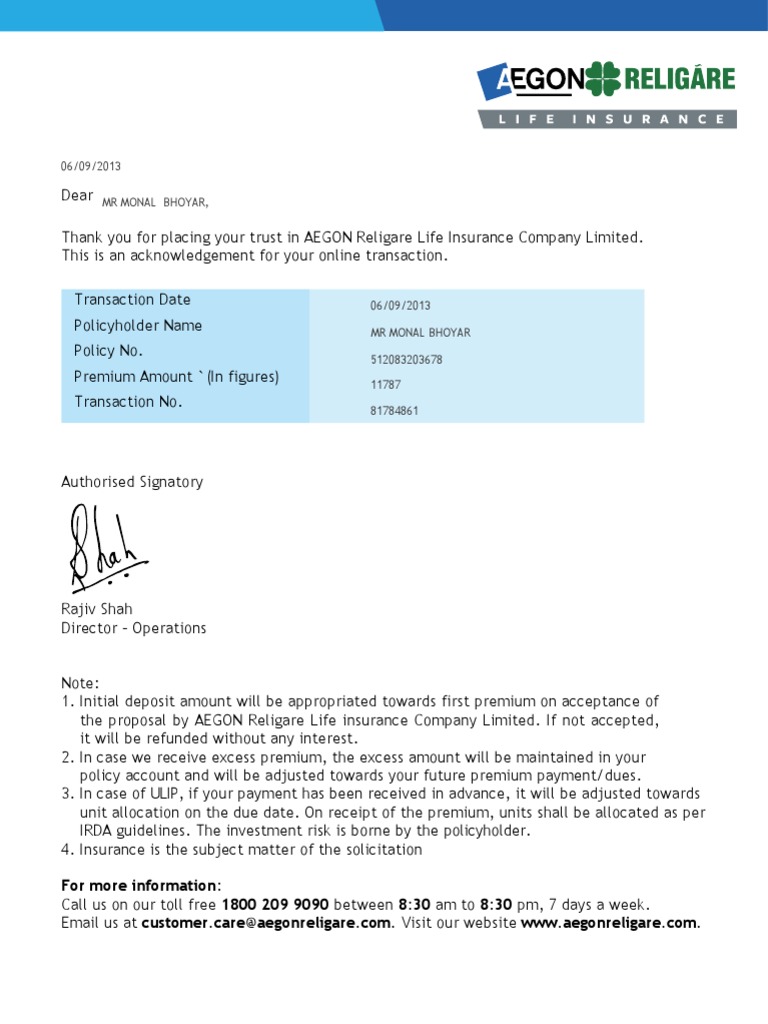 AEGON RELIGARE Premium Payment Receipt 2013 | PDF