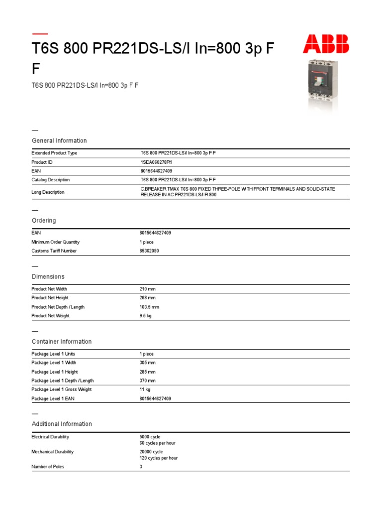 T6S 800 PR221DS-LS/I in 800 3p F F | PDF | Power Engineering | Electrical Components