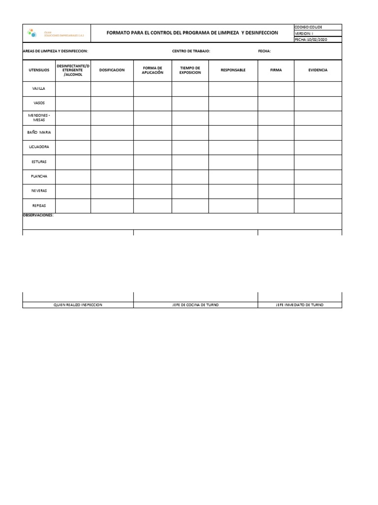 Formato Control de Limpieza y Desinfeccion Cocina-Comedor | PDF
