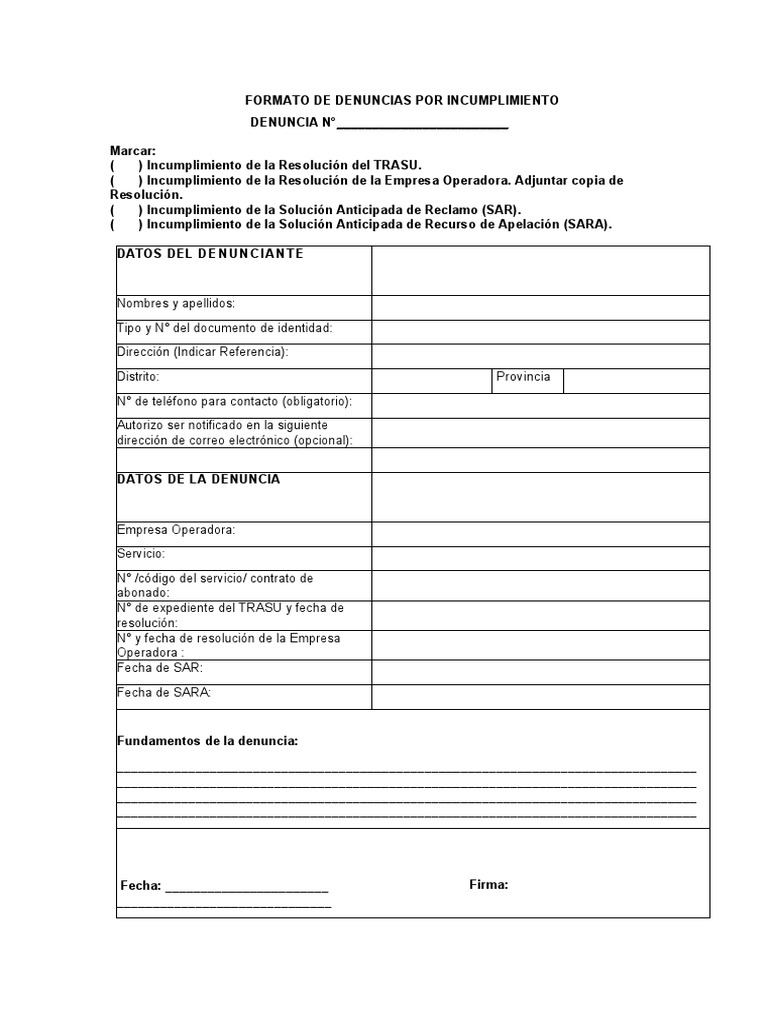Formato de Denuncias Por Incumplimiento | PDF