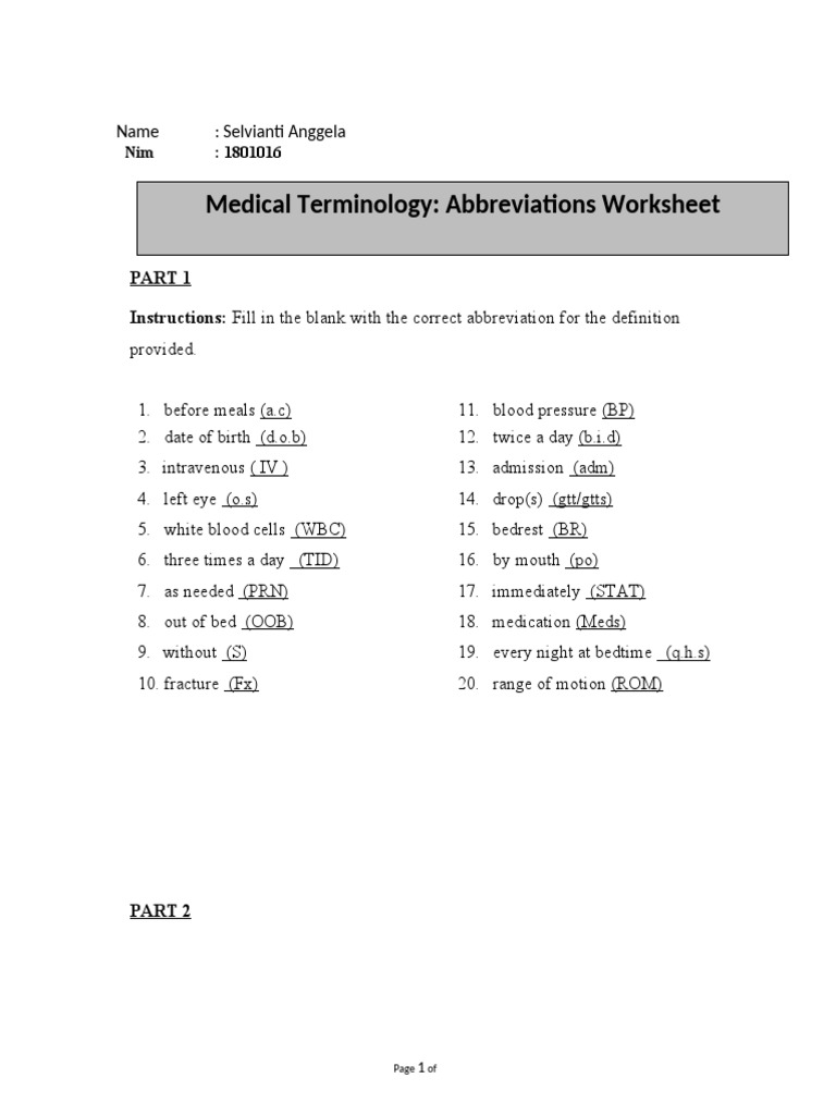 Medical Terminology: Abbreviations Worksheet | PDF | Cardiopulmonary ...