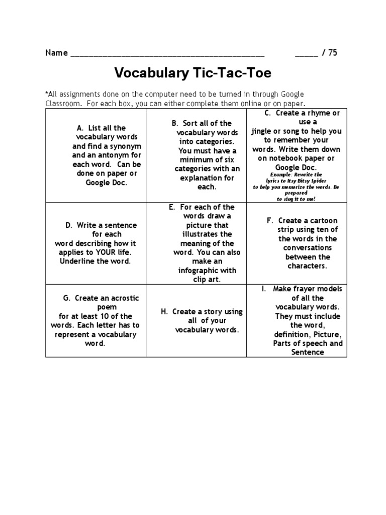 Vocabulary Tic-Tac-Toe Activities | PDF | Vocabulary | Cognitive Science