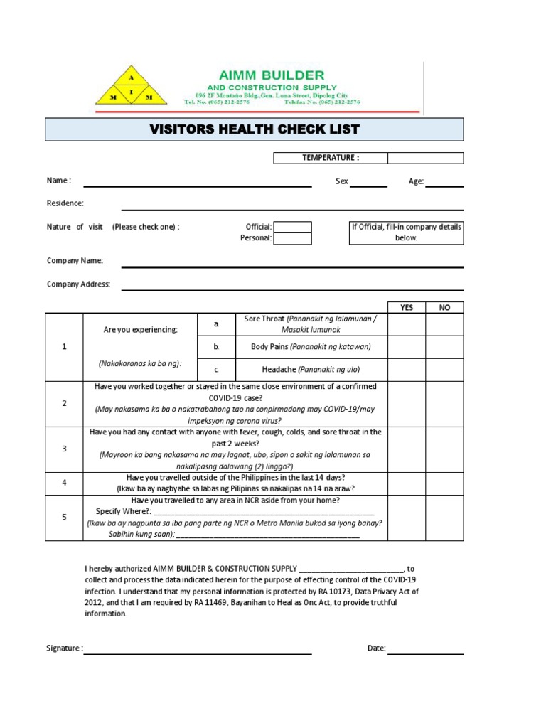 Visitors Health Check List: Temperature | PDF | Respiratory Diseases ...