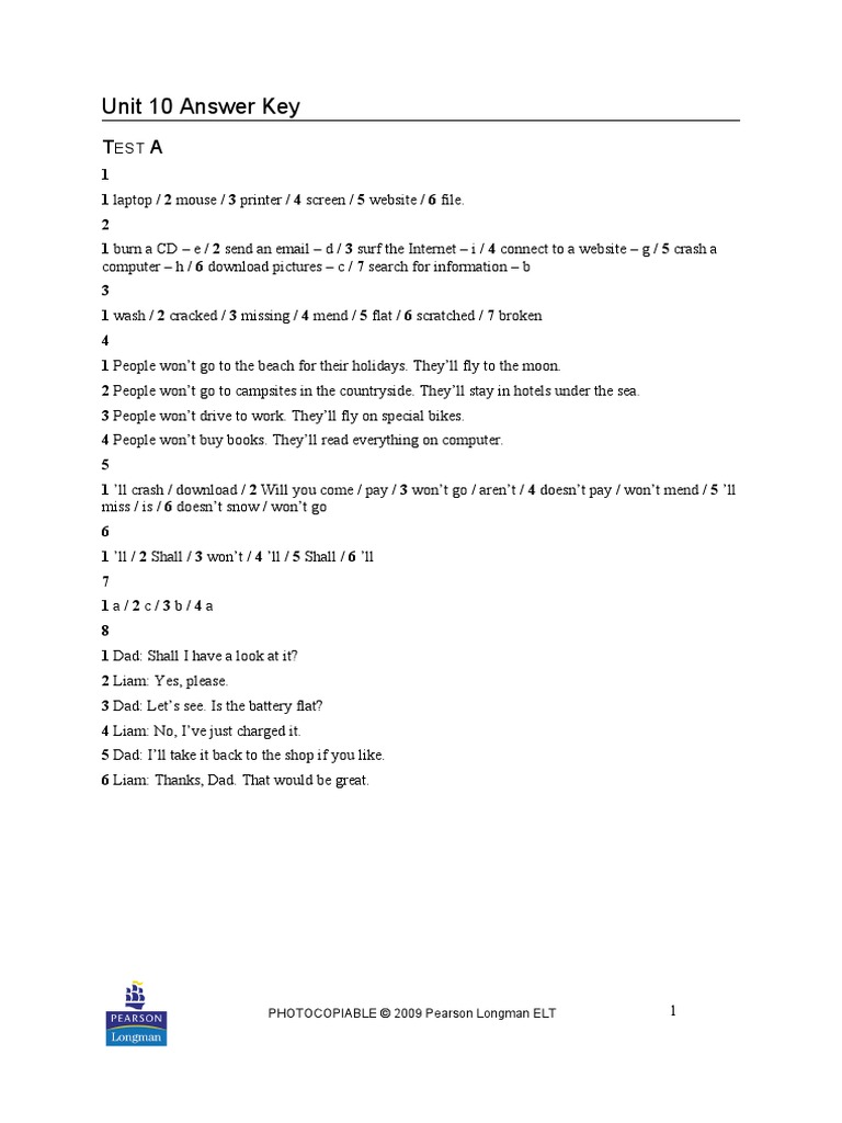 Unit 10 Answer Key: PHOTOCOPIABLE © 2009 Pearson Longman ELT | PDF ...