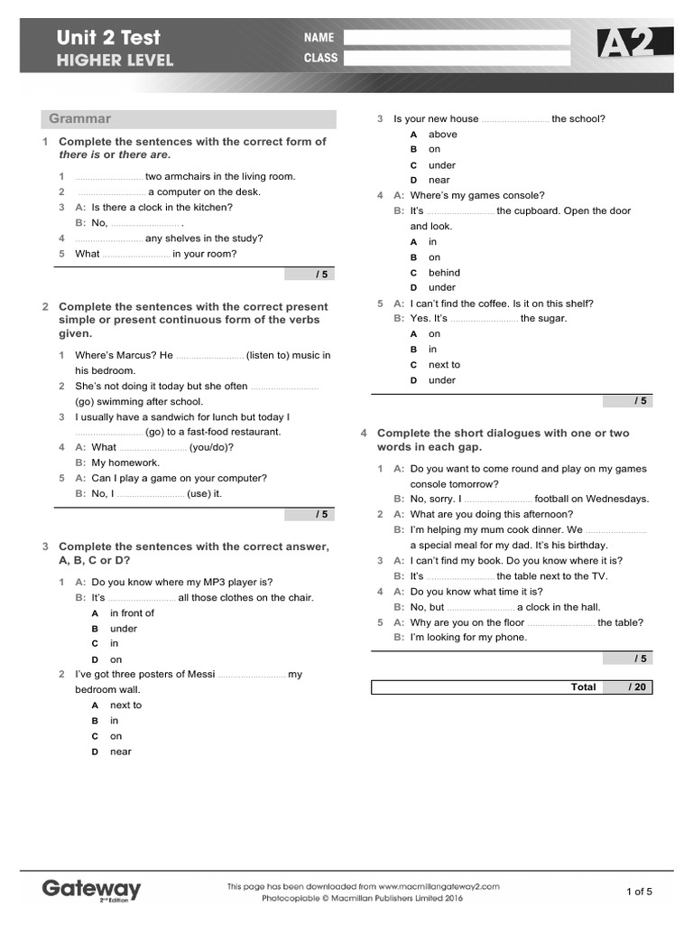 A2 UNIT 2 Test Higher | PDF