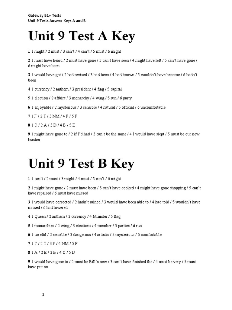 Unit 9 Test A Key: Gateway B1+ Tests Unit 9 Tests Answer Keys A and B | PDF