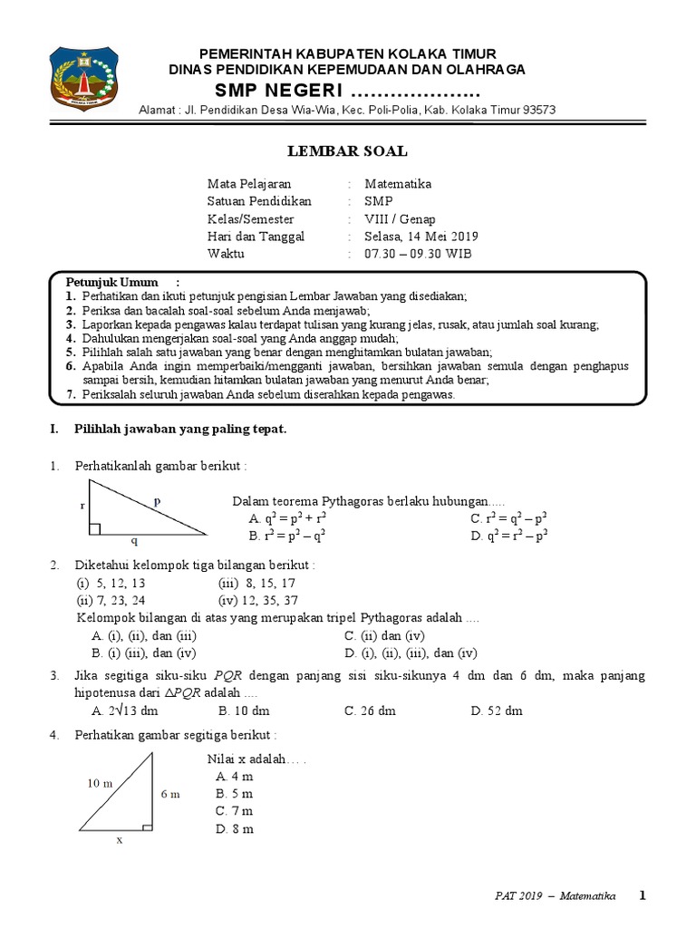 Soal Pat Matematika Kelas 8 Sem 2 | PDF | Metode & Bahan Ajar