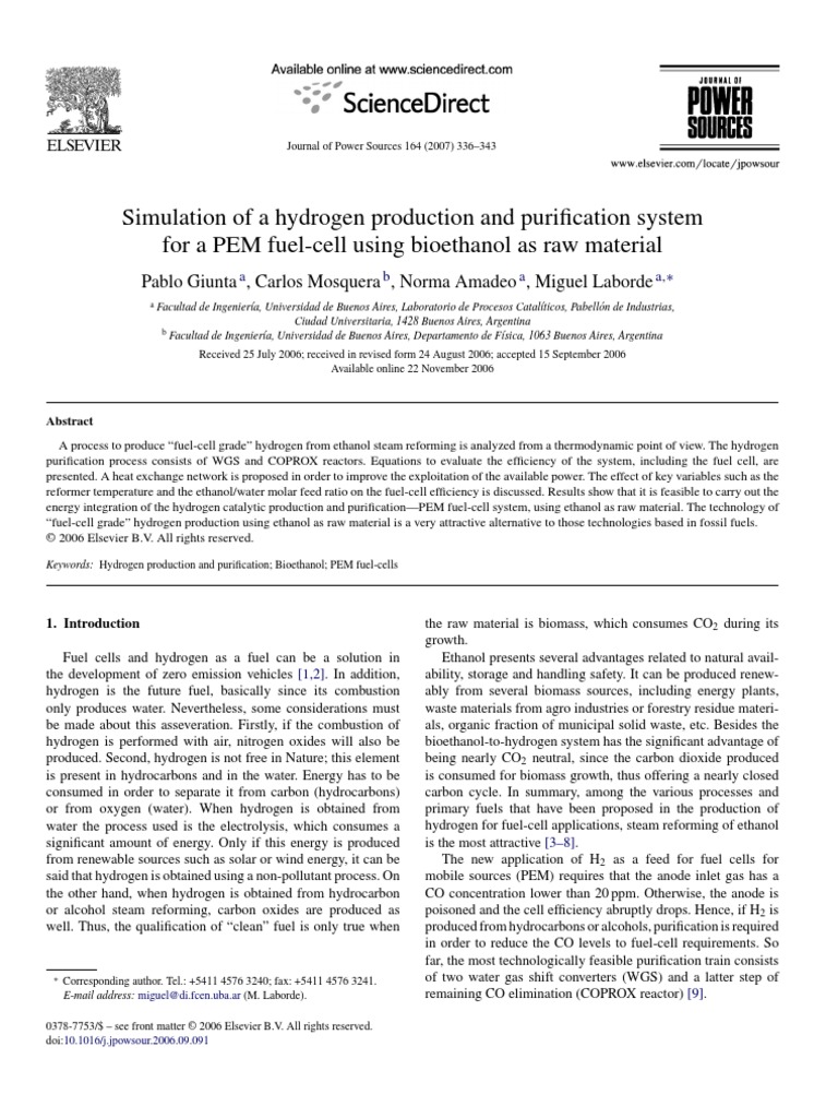 Simulation of A Hydrogen Production and Purification System For A PEM ...