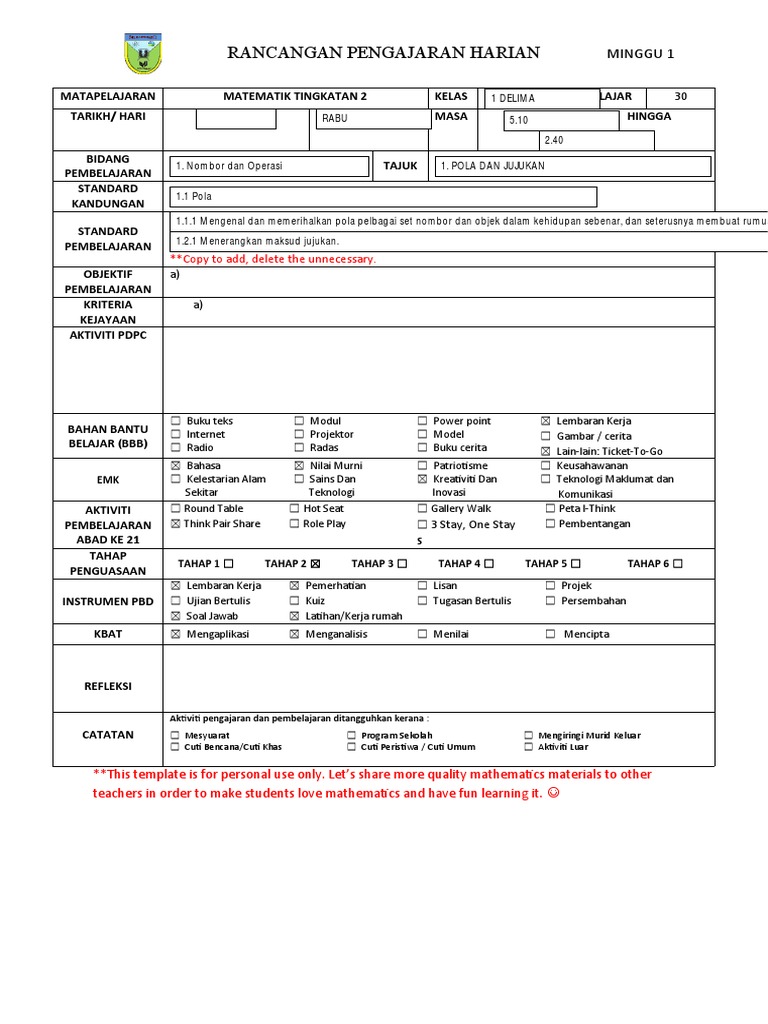 Template RPH Matematik Ting 2 (With Dropdown) | PDF