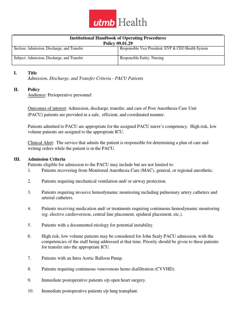 (Admitting Orders) Admission, Discharge, and Transfer Criteria - PACU ...