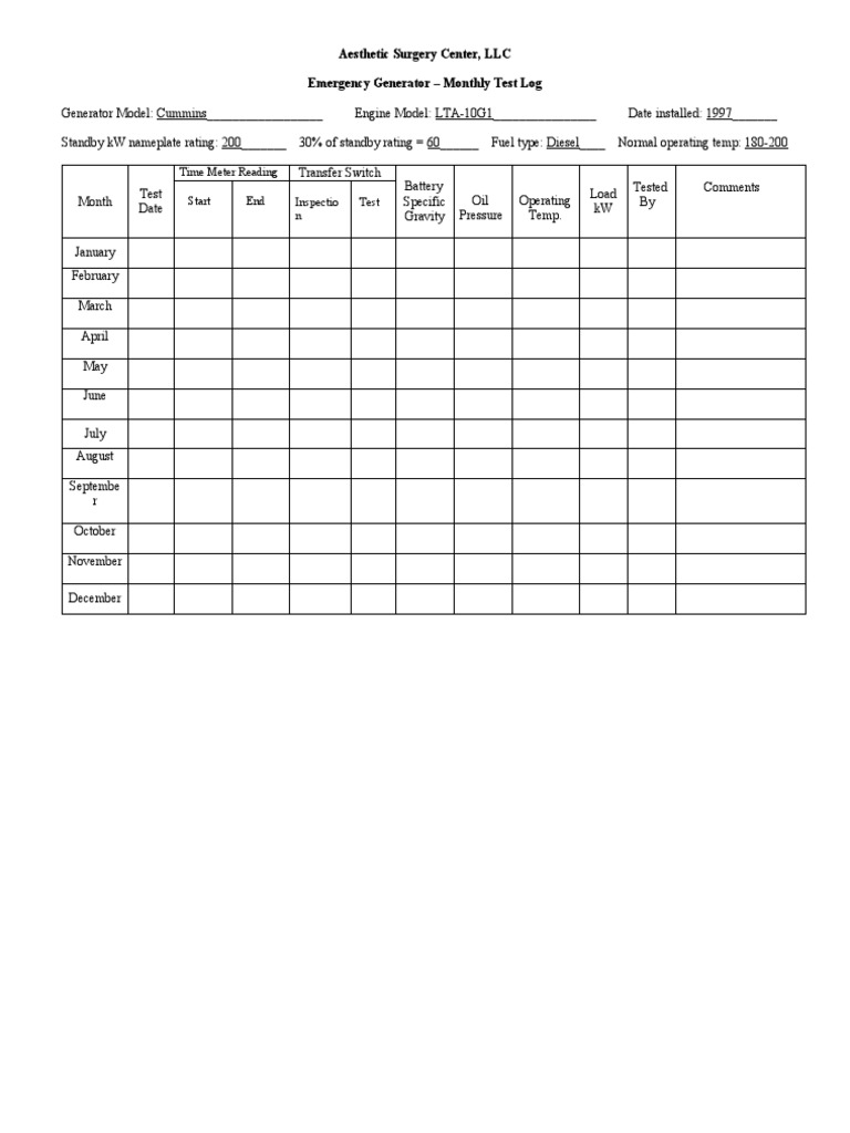 Monthly Generator Load Test Log | PDF