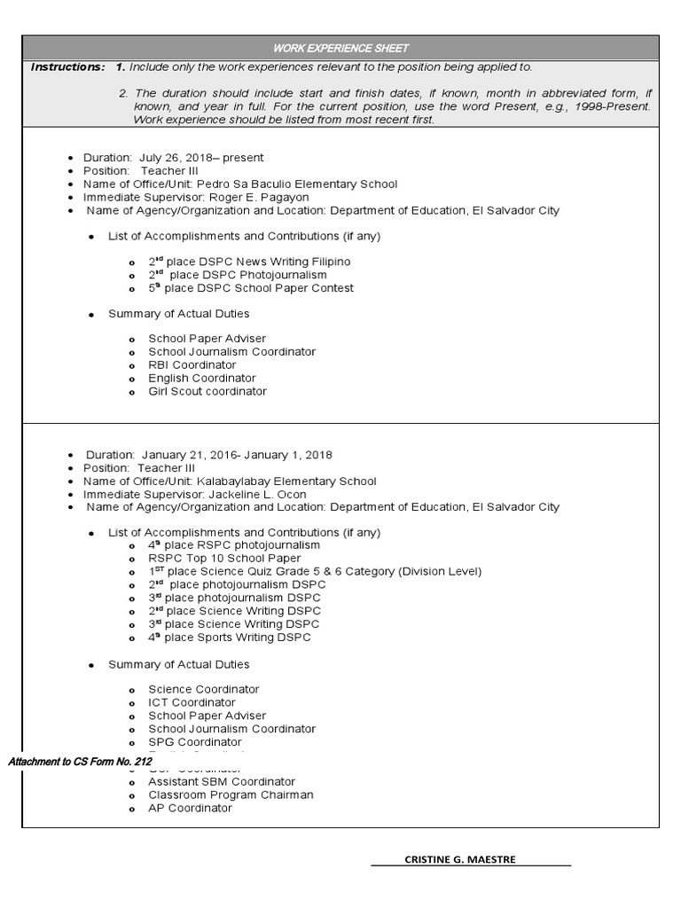 Cs Form No. 212 Attachment Work Experience Sheet Sample | PDF | Schools ...
