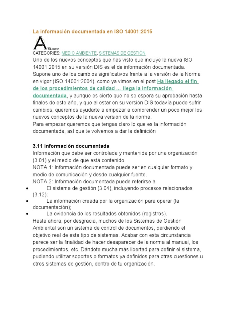 La Información Documentada en ISO 14001 | PDF