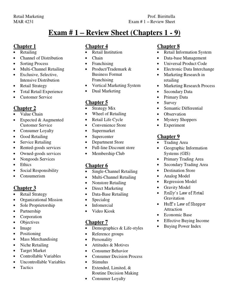 Exam # 1 - Review Sheet (Chapters 1 - 9) | PDF | Retail | Marketing ...