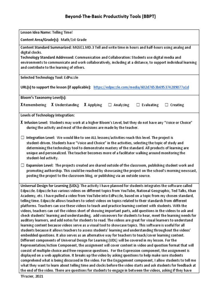 Telling Time Math 1st Grade BBPT Lesson Plan 1 | PDF | Video | Human Nature