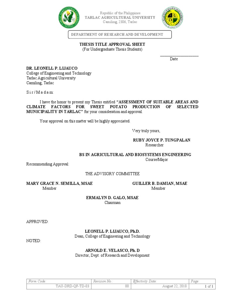 TAU DRD QF TD 03 Thesis Title Approval Sheet Undergrad | PDF