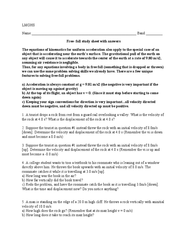Free-Fall Physics Study Guide with Solutions | PDF