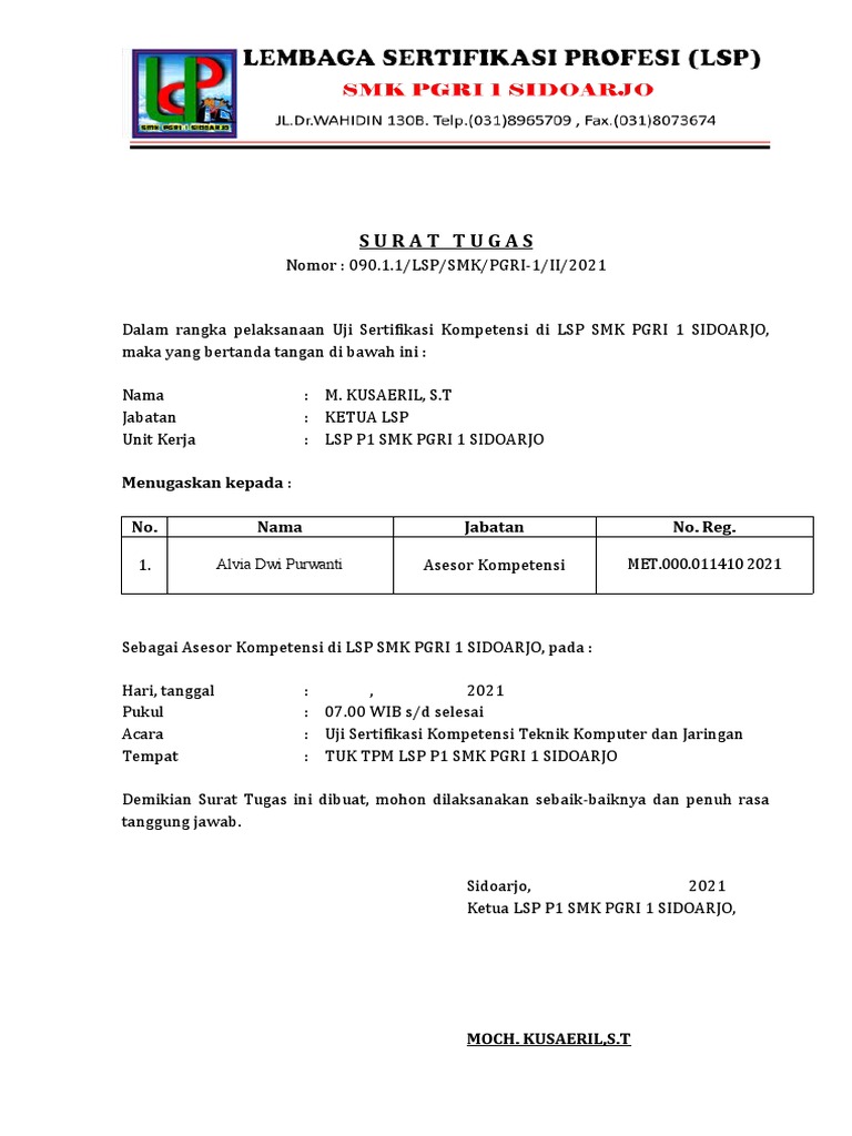 Surat Tugas Asesor TPM & TKR 2021 | PDF