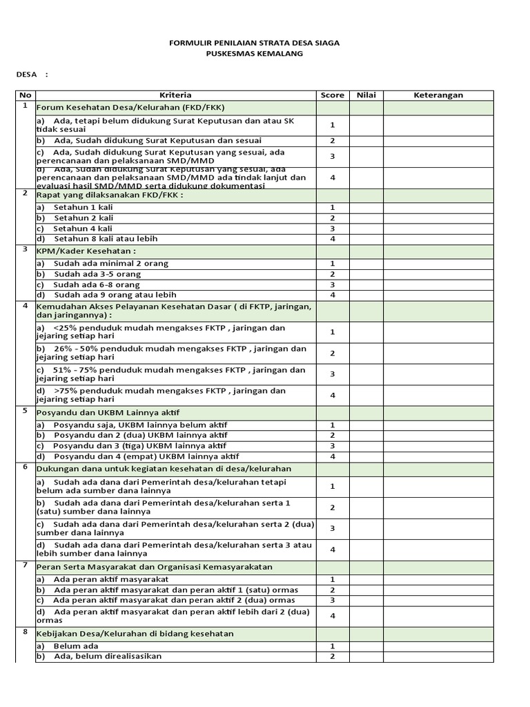 Form Strata Desa Siaga | PDF | Ilmu Sosial | Kesehatan Holistik