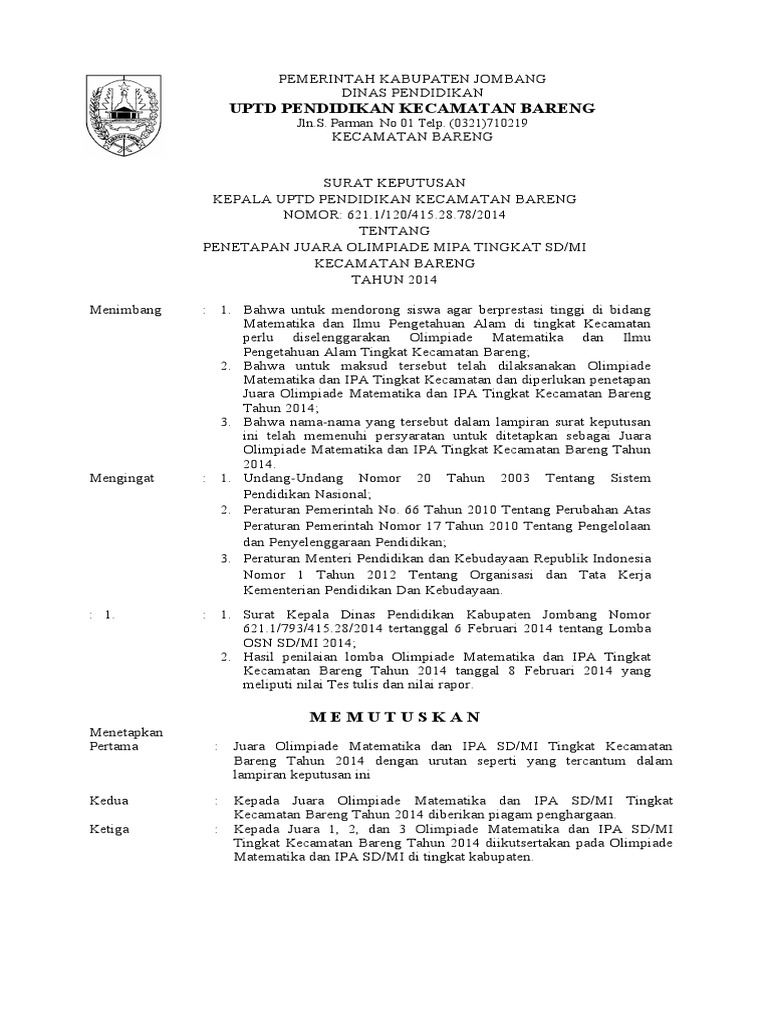 SK Juara Mipa Kecamatan Bareng | PDF