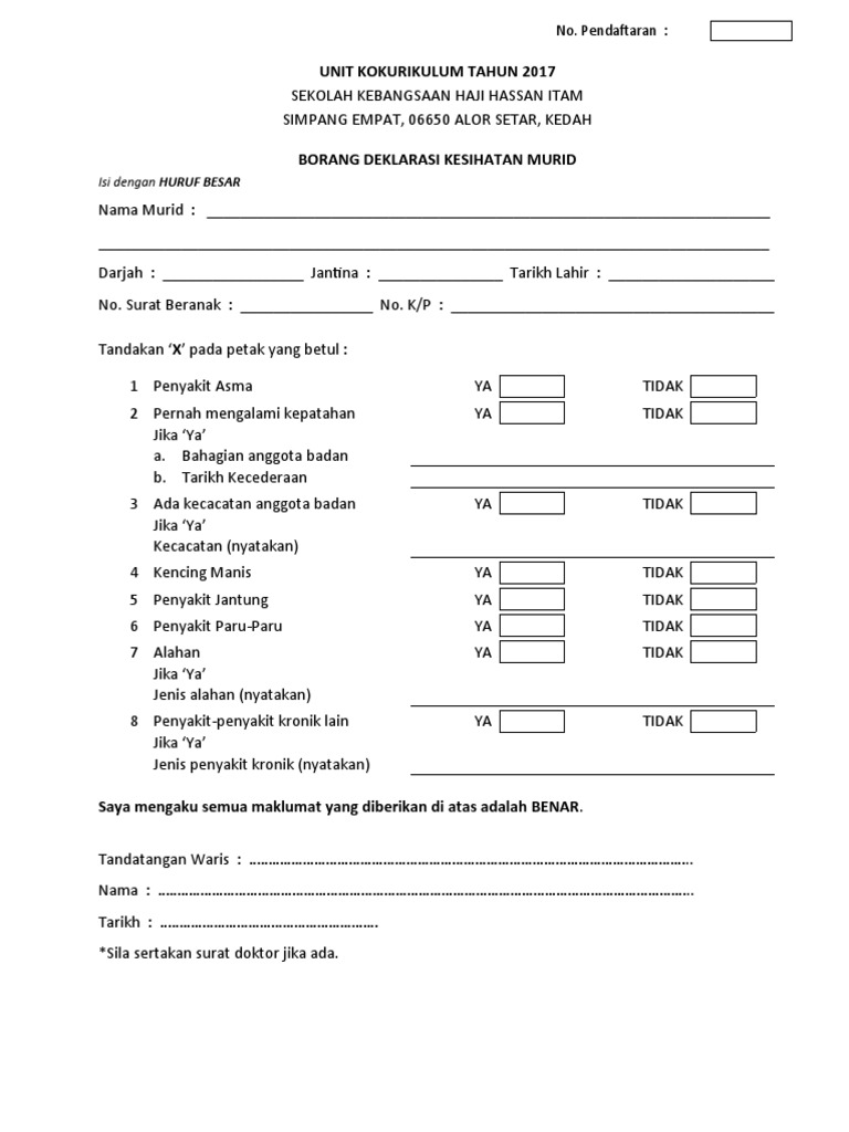 Borang Deklarasi Kesihatan Murid 2017 | PDF