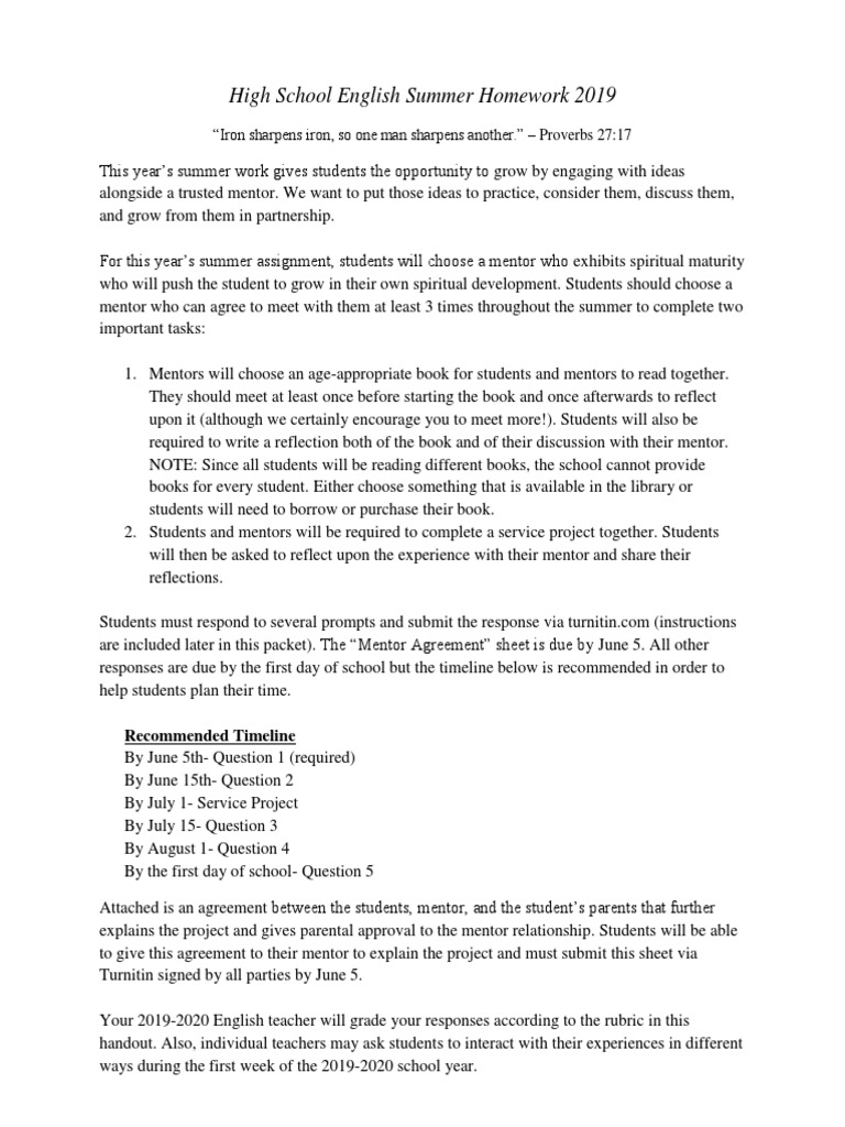 High School English Summer Packet | PDF | Turnitin | Mentorship