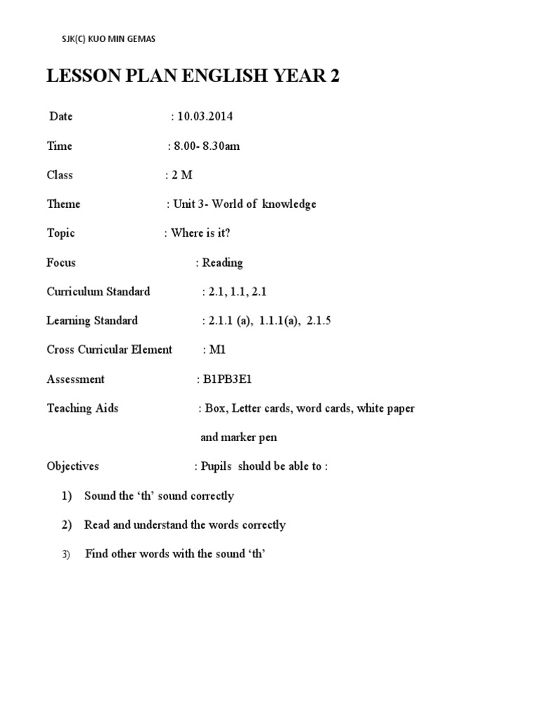 Lesson Plan English Year 2: SJK (C) Kuo Min Gemas | PDF | Teachers ...