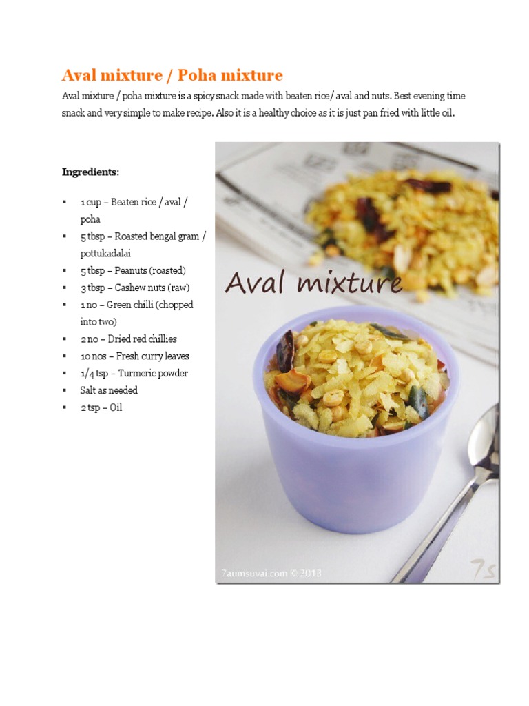 Aval Mixture / Poha Mixture: Ingredients | PDF
