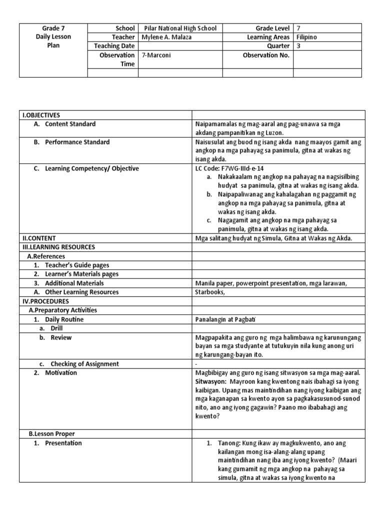 Mga Salitang Hudyat Ng Simula Gitna At Wakas Dlp Pdf