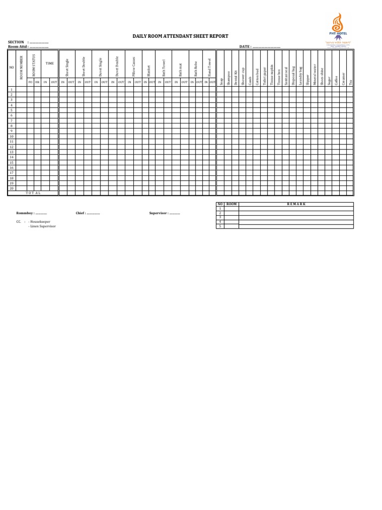 Daily Room Attendant Report Sheet | PDF | Domestic Implements ...