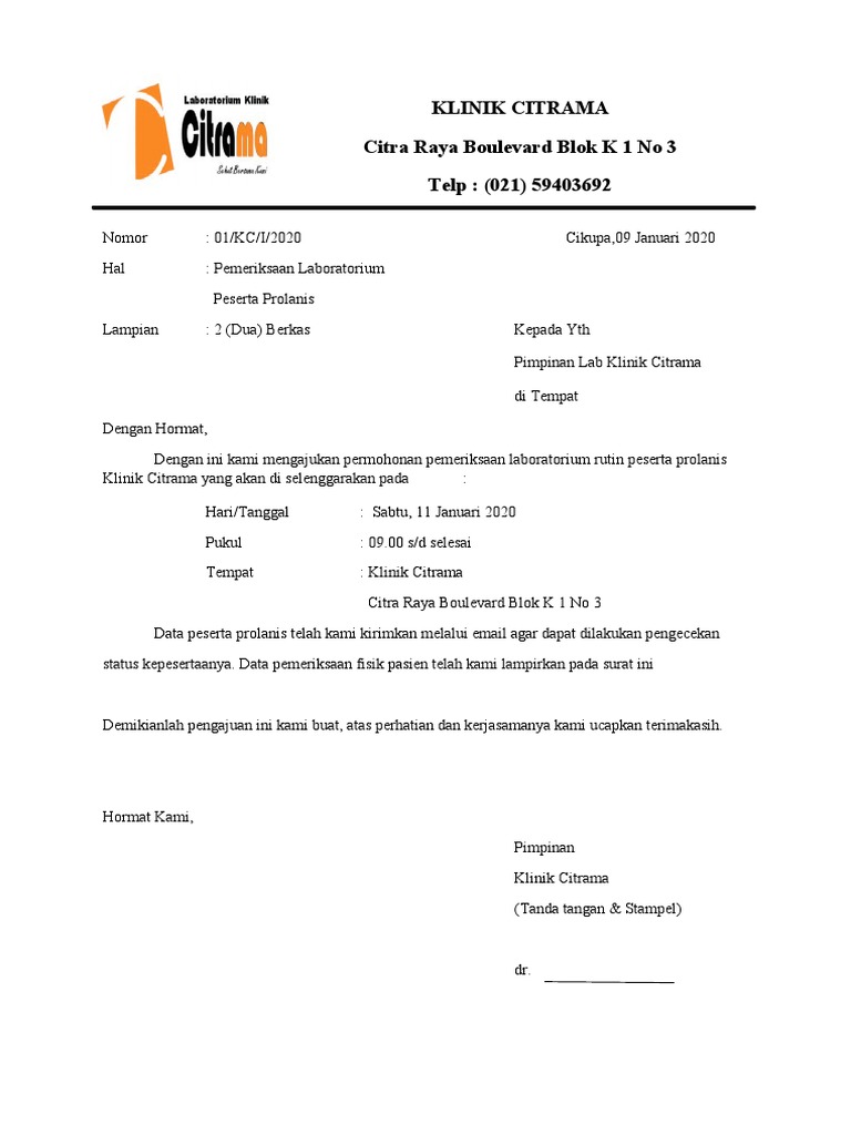 Contoh Surat Penajuan Klinik Ke Lab (Prolanis) | PDF