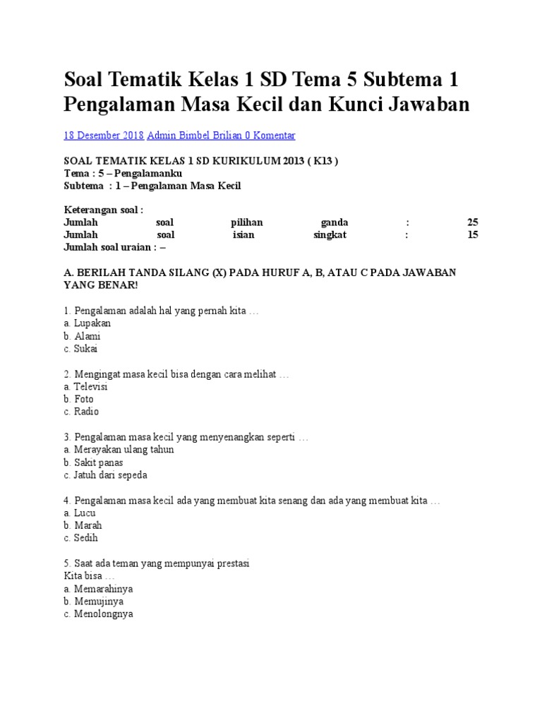 Soal Tematik Kelas 1 Pengalaman Masa Kecil Pdf