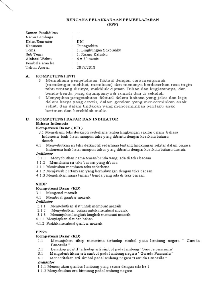 RPP Tunagrahita Kelas 3 Tema 1 Subtema 1 | PDF