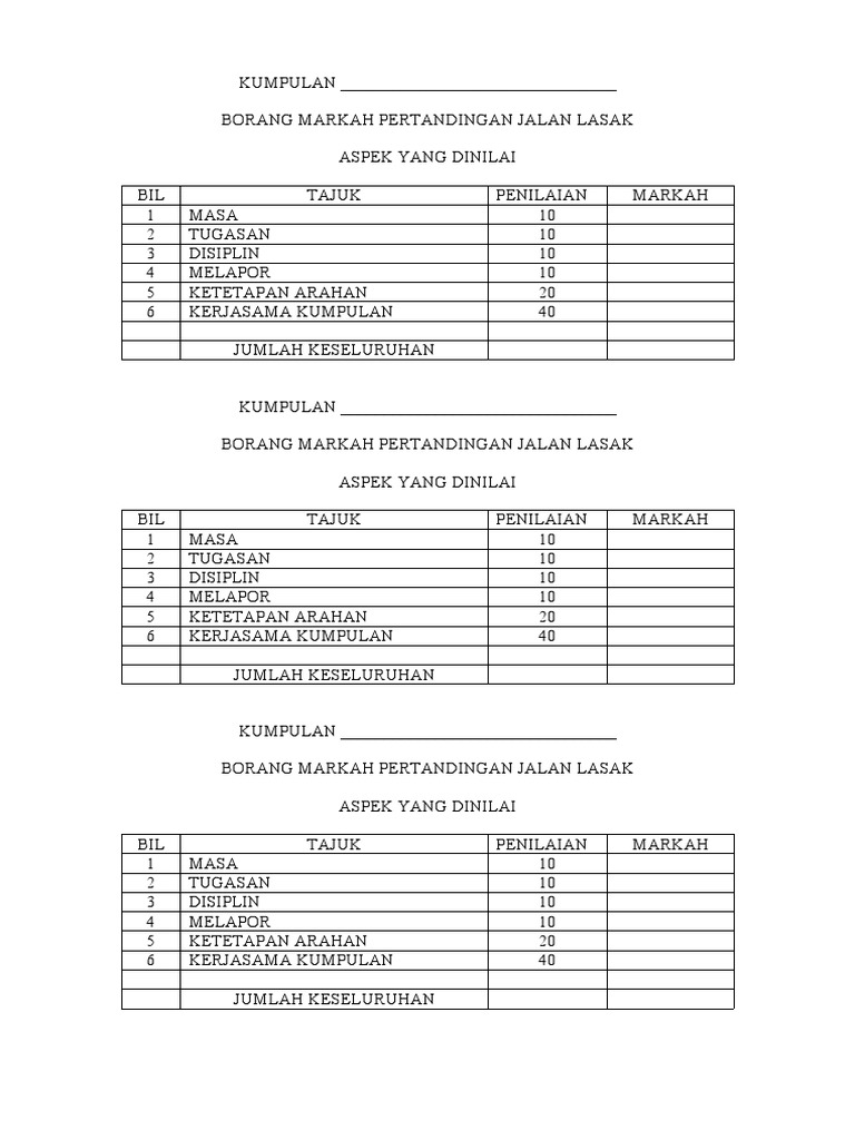 Borang Markah Pertandingan Jalan Lasak | PDF
