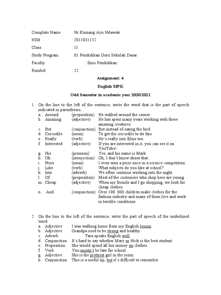 Assignment 4 Topic 4 Parts of Speech New | PDF | Part Of Speech | Adjective