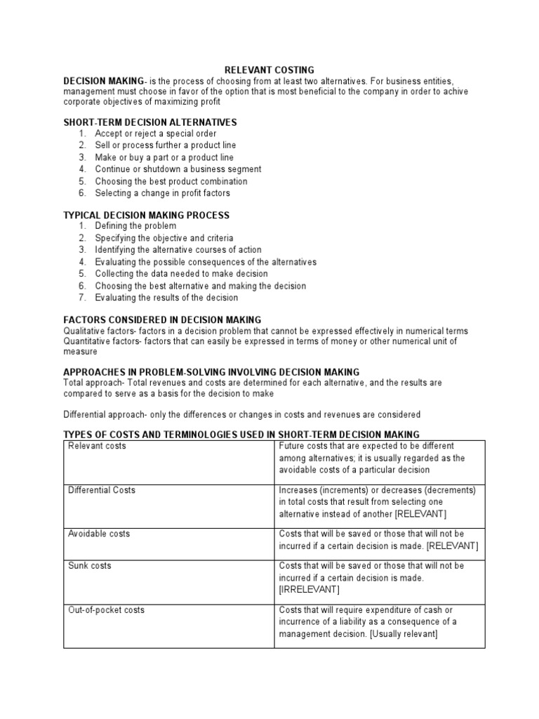 Relevant Costing Handout | PDF | Decision Making | Cost