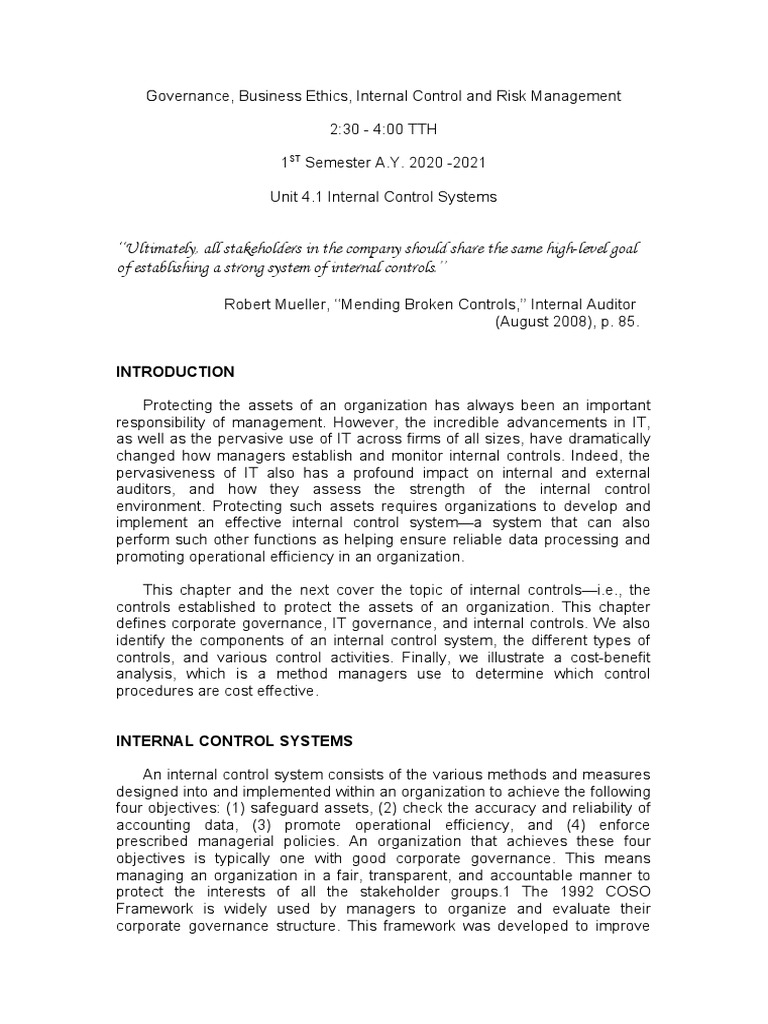 Internal Control Systems Guide | PDF | Internal Control | Internal Audit
