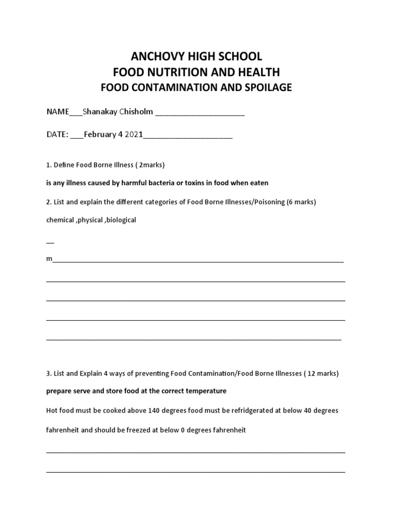 FOOD CONTAMINATION WORKSHEET 2 (Repaired) | PDF | Foodborne Illness | Foods