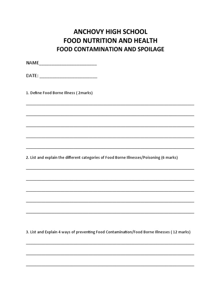 Food Contamination Worksheet 2 | PDF | Foodborne Illness | Public Health