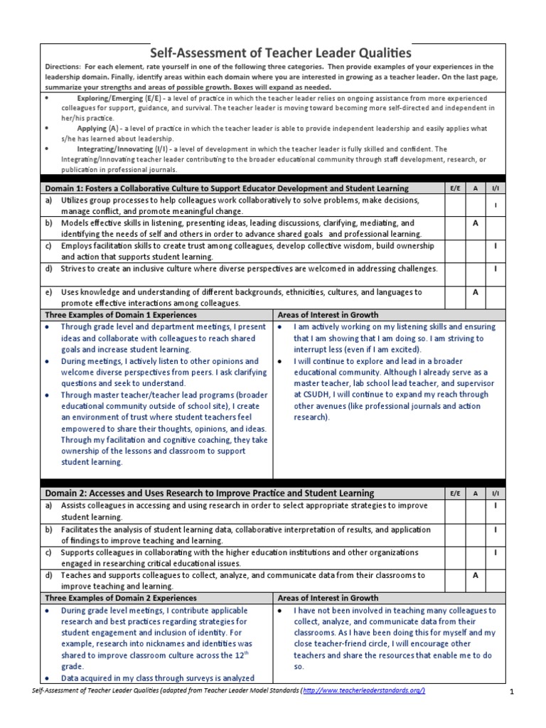 Teacher Leader Self Assessment | PDF | Teachers | Leadership